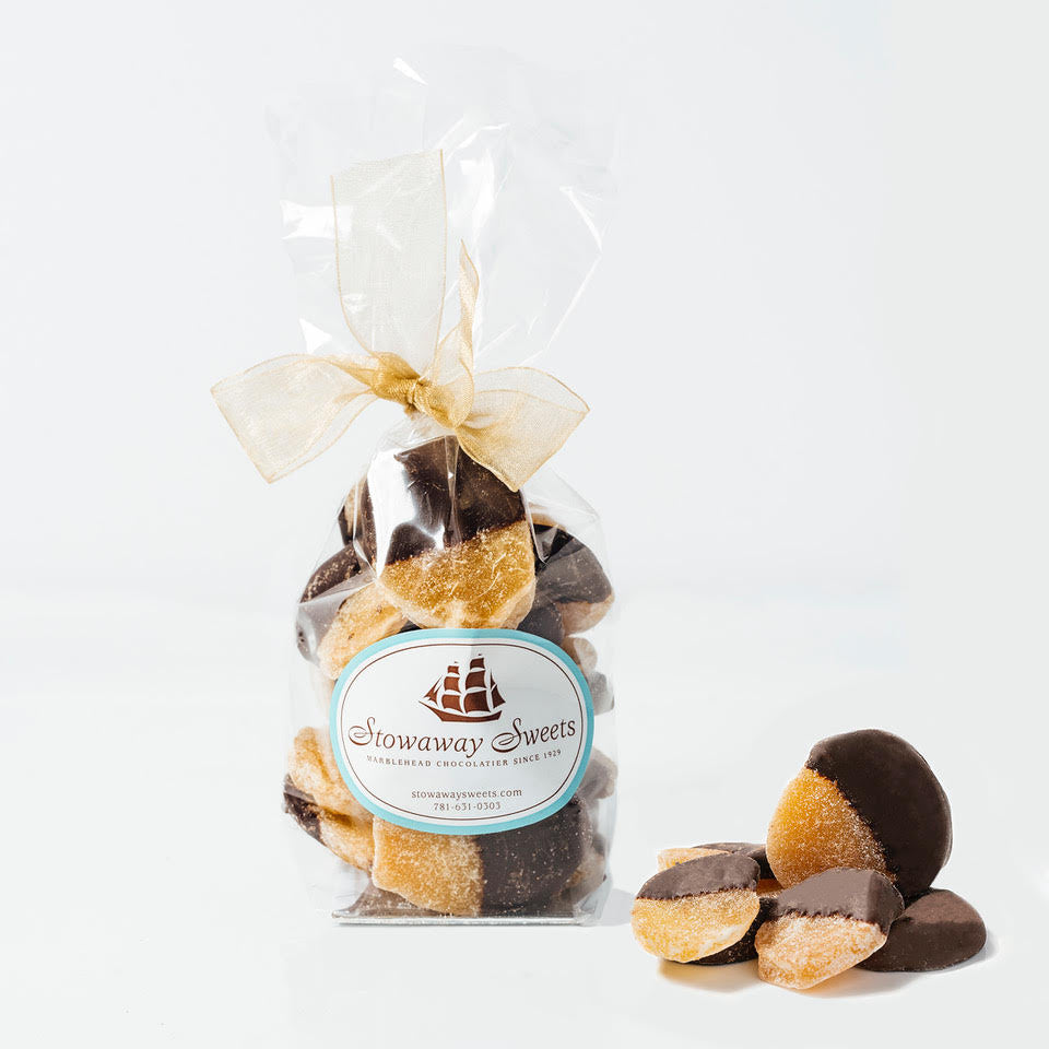 Dark Chocolate Half Dipped Crystallized Ginger – Stowaway Sweets